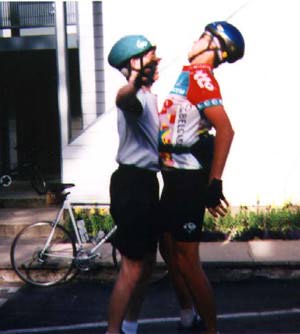 Though agile on bikes, John and Edoften walk into each other.